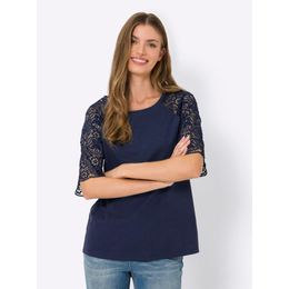 Spitzenshirt Heine "Shirt", Damen, Gr. 38, blau (marine), 100% Baumwolle, unifarben, Rundhals, Shirts Spitzenshirt