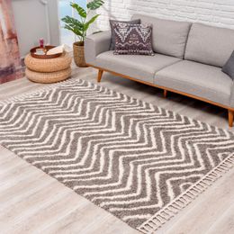 Hochflor-Teppich Carpet City "Pulpy 531" Gr. 2, grau, B:140cm H:30mm L:200cm, Kunstfaser, Teppiche, Hochflor-Teppich, besonders weich, mit Fransen, Zickzack Look