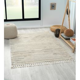 Teppich "Enya 2, LAGERR&Auml;UMUNG", beige (creme, hellgrau), B:140cm H:15mm L:200cm, Polyester, MyFlair M&Ouml;BEL & ACCESSOIRES, Teppiche, Teppich, Shaggy im Skandi Look, Hoch-Tief Effekt, leicht gl&auml;nzend, flauschig