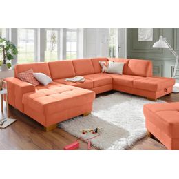 Wohnlandschaft Home Affaire "Puccini U-Form", orange (terra), B:340cm H:86cm T:224cm, Luxus-Microfaser (100% Polyester);Luxus-Microfaser ALTARA NUBUCK (100% Polyester);Luxus-Microfaser Lederoptik (100% Polyester), Sofas, Wohnlandschaft, mit Federkern, Sitztiefenverstellung, Kontrastnaht