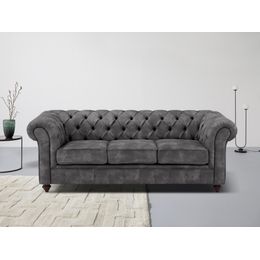 Chesterfield-Sofa Home Affaire "Chesterfield 3-Sitzer B/T/H: 198/89/74 cm", grau (anthrazit), B:198cm H:74cm T:89cm, Luxus-Microfaser Lederoptik (100% Polyester), Sofas, Chesterfield-Sofa, mit hochwertiger Knopfheftung, auch in Leder