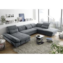 Wohnlandschaft ED EXCITING DESIGN "Melfi U-Form mit Bettfunktion, Bettkasten", grau, B:350cm H:73cm T:245cm, 95% Polyester, 5% Nylon, Sofas, Wohnlandschaft, Arm- & Kopfteilverstellung & 3 Nierenkissen
