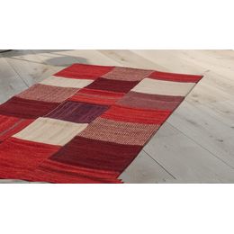 Teppich Kayoom "Radical 230", rot (rot, multi), B:80cm H:15mm L:150cm, Wolle, Teppiche, Teppich, Handgewebter Jacquard-Kilim, hochwertige Materialmischung