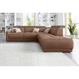 Ecksofa DOMO collection "Ava, moderne Sitzheftung mit toller Doppelnaht, komfortabel, L-Form", braun (espresso), B:266cm H:84cm T:99cm, Kunstleder SOFTLUX;Struktur fein (100% Polyester);Zierkissen: Microfaser PRIMABELLE (100% Polyester);Struktur (100% Polyester);Microfaser PRIMABELLE (100% Polyester), Sofas, Ecksofa, mit Ottomane, inkl. Federkern, wahlweise mit Kopfteilverstellungen