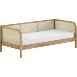 Bett Home Affaire "Olive, mit Eiche massiven Bettpfosten, Bettseiten furniert", braun (eiche natur, eiche natur, eiche natur), B:96,6cm H:75cm L:210cm, Betten, Bett, 90/200 inkl. Lattenrost und trendigen Rattan Kopf- u. Seitenteilen
