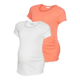 Umstandsshirt Neun Monate "2er Pack Schwangerschafts-Shirts", Damen, Gr. 44/46, aprikot, wei&szlig;, Rippware, Obermaterial: 100% Baumwolle, unifarben, Basic, sehr figurbetont h&uuml;ftlang, Rundhals, Shirts Umstandsshirt, T-Shirts f&uuml;r Schwangerschaft und danach, Topseller