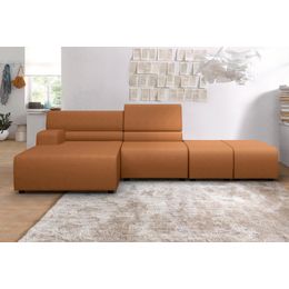 Ecksofa Egoitaliano "Babouche, Designsofa mit au&szlig;ergew&ouml;hnlichem Sitzkomfort zum Wohlf&uuml;hlen", braun (cognac), B:384cm H:80cm T:98cm, Luxus-Micofaser Lederoptik (100% Polyester) ist ein neues technisches Gewebe mit einem visuellen und taktilen Aspekt, der dem Nubuk sehr nahe kommt, mit innovativen Eigenschaften. Seine au&szlig;erordentliche Weichheit kommt von einem exklusiven Produktionsprozess, der Unre