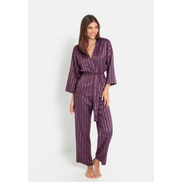 Pyjama LSCN BY LASCANA, Damen, Gr. 32, lila (pflaume gestreift), Satin, Obermaterial: 97% Polyester, 3% Elasthan, gestreift, loose fit lang, Kimono&auml;rmel abgesteppt, Homewear-Sets Pyjama, im Kimono-Stil