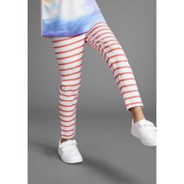 Leggings Kidsworld "2er Pack Ringel-Leggings f&uuml;r kleine M&auml;dchen", M&auml;dchen, Gr. 128/134, N-Gr, blau (aprikot ringel, marine), Jersey, Obermaterial: 95% Baumwolle, 5% Elasthan, geringelt, Basic, Basic schmal 7/8-L&auml;nge, Hosen Leggings, Leggingspackung f&uuml;r kleine M&auml;dchen