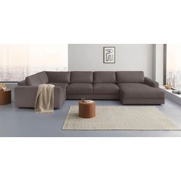 Wohnlandschaft Home Affaire "Bloomfield, Mega Polsterprogramm, Breite 405cm, viel Platz, U-Form", grau (taupe), B:405cm H:84cm T:224cm, 100% Polyester, Sofas, Wohnlandschaft, mit extra tiefer Sitzfl&auml;che, wahlweise mit Sitztiefenverstellung