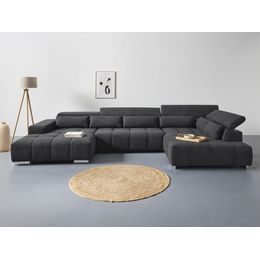 Wohnlandschaft COTTA "Orion U-Form", schwarz, B:409cm H:73cm T:225cm, 100% Polyester, Sofas, Wohnlandschaft, mit Kopfteilverstellung & 6 Nierenkissen