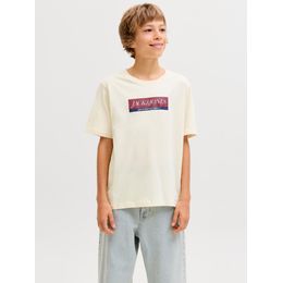 Jack & Jones T-Shirt JACK & JONES JUNIOR "JORINWOOD BLOCK BRAND TEE SS CN NOOS JNR", Jungen, Gr. 140, wei&szlig; (antique wei&szlig;), Single Jersey, Obermaterial: 100% Baumwolle, bedruckt, relaxed fit, Rundhals, Shirts T-Shirt