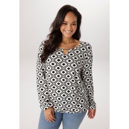 Langarmshirt ANISTON PLUS, Damen, Gr. 46, schwarz-wei&szlig; (schwarz, wei&szlig;), Single Jersey, Obermaterial: 95% Viskose, 5% Elasthan, figurumspielend Po-bedeckend, Rundhals, elastischer Bund mit Gummizug, Shirts Langarmshirt, Topseller