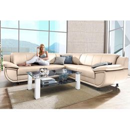 Ecksofa Trendmanufaktur "Rondo wahlweise mit Schlaffunktion, 267x247 cm (BxT), breite Armlehnen", beige (creme), B:267cm H:85cm T:247cm, Kunstleder SOFTLUX;Microfaser PRIMABELLE (100% Polyester);NaturLEDER (echtes Rindsleder);Struktur (54% Polyacryl, 46% Polyester), Sofas, Ecksofa, L-Form, wahlweise mit Federkern bestellbar, F&uuml;&szlig;e schwarz