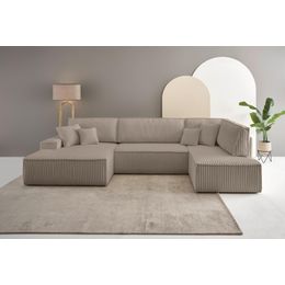 Wohnlandschaft OTTO HOME "FINNLEY U-Form XXL 329 cm - OTTO. Verl&auml;ssliche Qualit&auml;t.", grau (taupe), B:329cm H:85cm T:195cm, Bezugstoff 100% PES ;Gramatur 400g/qm +/- 5%, Sofas, Wohnlandschaft, Schlafsofa, Bettkasten, in Boucl&eacute;, Struktur fein und Mega Cord