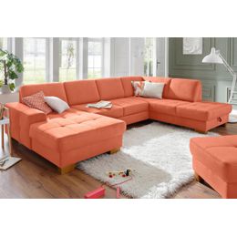 Wohnlandschaft Home Affaire "Puccini U-Form", orange (terra), B:340cm H:86cm T:224cm, Luxus-Microfaser (100% Polyester);Luxus-Microfaser ALTARA NUBUCK (100% Polyester);Luxus-Microfaser Lederoptik (100% Polyester), Sofas, Wohnlandschaft, mit Federkern, Sitztiefenverstellung, Kontrastnaht