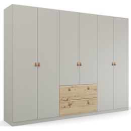 Dreht&uuml;renschrank Rauch "Kleiderschrank Schrank Garderobe Ankleide HOMEY BY QUADRA SPIN", grau (seidengrau, eiche artisan), B:271cm H:210cm T:54cm, Holzwerkstoff, Schr&auml;nke, Dreht&uuml;renschrank, mit cognacbraunen Ledergrifflaschen, Schubladen in Eichen-Dekor