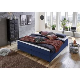 Boxspringbett "Romy", blau (navyblau), B:160cm L:200cm, Bezug Bettbox und Obermatratze: Strukturstoff (90% Polyester, 10% Nylon);Topper: Jersey (100% Polyester), ATLANTIC HOME COLLECTION, Komplettbetten, Boxspringbett, ohne Kopfteil, frei im Raum stellbar