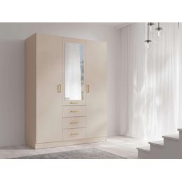 Kleiderschrank Home Affaire "KOS Garderobe mit 3 Schubladen, Kleiderstange, 4 Einlegeb&ouml;den, Spiegel", beige, B:150,5cm H:200,5cm T:58cm, Melamin, Schr&auml;nke, Kleiderschrank, Kleiderschrank mit 3 T&uuml;ren, goldenen Griffen, Ma&szlig;e B/H/T 150/200/58 cm