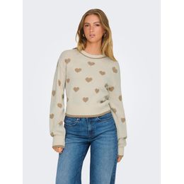 Jacqueline de Yong Rundhalspullover JDY "JDYROMANCE L/S JACQ. PULLOVER KNT NOOS", Damen, Gr. M, beige (birch detail:w humus heart jacquard), Strick, Obermaterial: 100% Polyacryl, gemustert, normal, Rundhals, Pullover Rundhalspullover