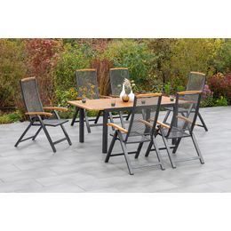 Garten-Essgruppe Merxx "Tilos", grau (grafit, dunkelgrau), B:60cm H:116cm T:73cm, Aluminium, Sitzm&ouml;bel-Sets, Garten-Essgruppe, 6 Klappsessel mit ausziehbarem Tisch