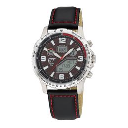 Funkchronograph ETT "Professional World Timer", schwarz, rot, Armbanduhren, Herren, Funkchronograph, Armbanduhr, Solar, Herrenuhr, Lederarmband, analog, digital