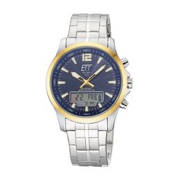 Funkchronograph ETT "Professional World Timer", silberfarben, blau, goldfarben, Armbanduhren, Herren, Funkchronograph, Armbanduhr, Solar, Herrenuhr, Edelstahlarmband, analog, digital, Tag