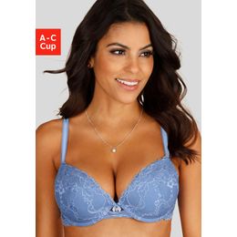 Push-up-BH Lascana, Damen, Gr. 85, Cup C, blau (hellblau), Spitze, Obermaterial: 60% Polyamid, 35% Polyester, 5% Elasthan, BHs Push-up-BH, aus floraler Spitze, Dessous