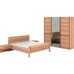Schlafzimmer-Set Musterring "Sorrent, Kleiderschrank, Bett & Nachtkommoden, teilmassiv Eiche", braun, Schrank 250cm Breit / 236cm Hoch + ohne Matratze, B/H: 180cm x 200cm, Schrank 250cm Breit / 236cm Hoch, Glas, Hartfaserplatte, Holz teilmassiv, Holzwerkstoff, Massivholz, Schlafzimmerm&ouml;bel-Sets, Schlafzimmer-Set, mit Schwebet&uuml;renschrank, Bett mit Stollenfu&szlig;, Breite Schrank 250 cm