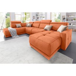 Wohnlandschaft DOMO collection "Ava moderne Sitzheftung mit toller Doppelnaht, komfortabel, U-Form", orange (terrakotta), B:351cm H:84cm T:222cm, Zierkissen: Microfaser PRIMABELLE (100% Polyester);Struktur (100% Polyester);Microfaser PRIMABELLE (100% Polyester);Kunstleder SOFTLUX;Struktur fein (100% Polyester), Sofas, Wohnlandschaft, mit Federkern, wahlweise mit Kopfteilverstellungen