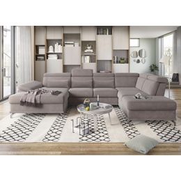 Sit & More Wohnlandschaft SIT & MORE "Cabrio U-Form, B: 359 cm, mit Sitztiefen-, Arm- & Kopfteilverstellung", braun (savannah), B:359cm H:87cm T:230cm, 100% Polyester, Sofas, Wohnlandschaft, 3 Nierenkissen, Federkern, optional Bettfunktion und Stauraum