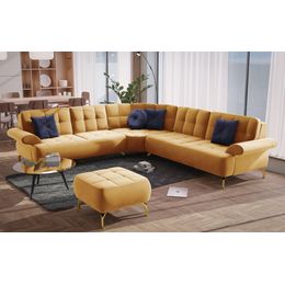 Sit & More Ecksofa SIT & MORE "Orient 1 L-Form", gold, B:299cm H:88cm T:279cm, 100% Polyester, Sofas, Ecksofa, inkl. 4 Zierkissen mit Strass-Stein, goldfarbene Metallf&uuml;&szlig;e