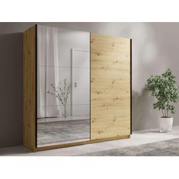 Schwebet&uuml;renschrank Home Affaire "Kleiderschrank Fresno mit 5 Einlegeb&ouml;den, Spiegel und Kleiderstange", beige (natur), B:150,6cm H:207cm T:61,5cm, Melamin, Schr&auml;nke, Schwebet&uuml;renschrank, Garderobe mit 2 Schwebet&uuml;ren, B/H/T 150/207/62 cm