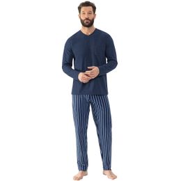 Schlafanzug Mey "Straight", Herren, Gr. XXL, blau (yacht blau), Single Jersey, Obermaterial: 100% Baumwolle, bequem lang, V-Ausschnitt, Homewear-Sets Schlafanzug, Langarm-Shirt mit Brusttasche