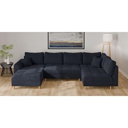 Wohnlandschaft Home Affaire "CHARRE U-Form mit Ottomane, Ma&szlig;e B/T/H: 310/161/81 cm", blau (dunkelblau), B:310cm H:81cm T:161cm, 100% Polyester, Sofas, Wohnlandschaft, feine Steppung, lose R&uuml;cken- und Zierkissen, auch in Cord und Boucl&eacute;