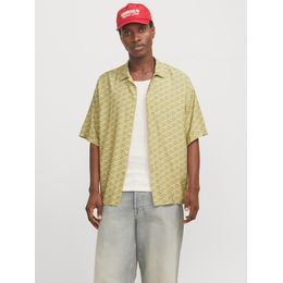 Jack & Jones Kurzarmhemd JACK & JONES "JORMARSHALL ISLINGTON AOP SHIRT SS SN", Herren, Gr. M, N-Gr, beige (cedar), Web, Obermaterial: 85% Viskose, 15% Nylon, gemustert, weit normal, Hemden Kurzarmhemd