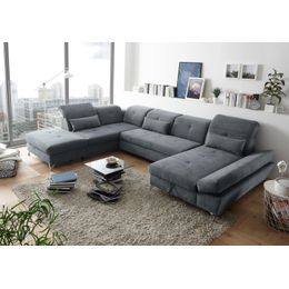 Wohnlandschaft ED EXCITING DESIGN "Melfi U-Form mit Bettfunktion, Bettkasten", grau, B:350cm H:73cm T:245cm, 95% Polyester, 5% Nylon, Sofas, Wohnlandschaft, Arm- & Kopfteilverstellung & 3 Nierenkissen
