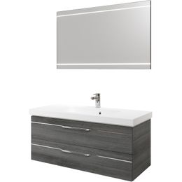 Badm&ouml;bel-Set SAPHIR "Balto 2-teilig Mineralmarmor-Waschtisch mit LED-Spiegel, 123 cm breit", grau (graphit struktur quer nachbildung mit chromeinlage), B:123cm H:200cm T:50,8cm, Holzwerkstoff, Kastenm&ouml;bel-Sets, Badm&ouml;bel-Set, Waschplatz mit 2 Schubladen, Badschrank inkl. Schubladend&auml;mpfer