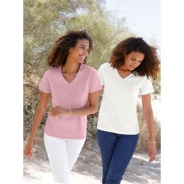 Kurzarmshirt Casual Looks "2er-Pack Shirts", Damen, Gr. 52, ros&eacute;, ecru, 100% Baumwolle, unifarben, V-Ausschnitt, Shirts Kurzarmshirt
