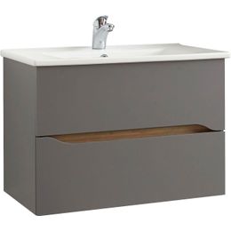Waschtisch SAPHIR "Quickset Keramikwaschtisch mit Unterschrank, 75 cm breit", grau (quarzgrau matt, akzent riviera eiche quer nb, quarzgrau matt touch), B:75cm T:45cm, Holzwerkstoff, Keramik, Waschtische, Waschtisch, Waschplatz, Unterschrank mit Waschbecken, 2 Schubladen, grifflos