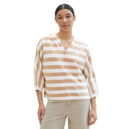 Kapuzenpullover Tom Tailor, Damen, Gr. M (38), beige (beige melange knit stripe), Stoff, Obermaterial: 35% Baumwolle, 35% Lyocell, 30% Polyester, gestreift, regular fit, V-Ausschnitt, Pullover Kapuzenpullover, mit weitem V-Ausschnitt