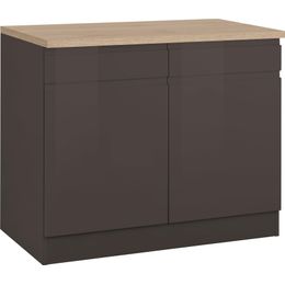 Unterschrank KOCHSTATION "KS-Virginia", grau (grau hochglanz), B:100cm H:85cm T:60cm, Holzwerkstoff, MDF, Schr&auml;nke, Unterschrank, 100 cm breit, mit 2 T&uuml;ren und 2 Schubk&auml;sten