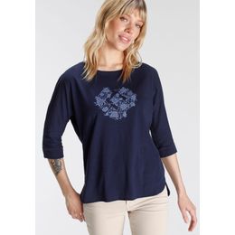 Langarmshirt Ragwear "RAG Longsleeve SHIMONA O PRINTED", Damen, Gr. XS (34), blau (navy), Single Jersey, Obermaterial: 50% Polyester, 38% Baumwolle, 12% Viskose, bedruckt, kontrastfarbene Details, mehrfarbig, figurumspielend, Rundhals, Shirts Langarmshirt, mit Frontdruck und Zierknopf, hinten l&auml;nger geschnitten