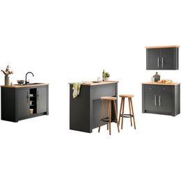 K&uuml;che OTTO HOME "KS-Westminster", grau (k&uuml;che: grau, korpus: grau dunkel, arbeitsplatte: eiche wotanfarben), B:226cm T:60cm, Komplettk&uuml;chen-Sets, K&uuml;che, Breite 226 cm, ohne E-Ger&auml;te