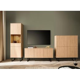 Wohnwand Home Affaire "Lund, moderne Anbauwand, Wohnzimmer-Set in Stone Oak", beige (stone oak), B:348cm H:200cm T:40cm, Holzwerkstoff, Kastenm&ouml;bel-Sets, Wohnwand, enth&auml;lt Vitrine, Lowboard und Highboard