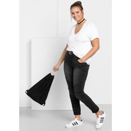 Stretch-Jeans sheego, Damen, Gr. 25, Kurzgr&ouml;&szlig;en, schwarz (schwarz denim), 37% Viskose, 34% Baumwolle, 27% Polyester, 2% Elasthan, 67% Baumwolle, 2% Elasthan, 27% Polyester, unifarben, lang, Jeans Stretch-Jeans