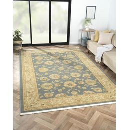 Teppich "Maryam 5", blau (dunkelblau, hellblau, creme), B:200cm H:7,5mm L:290cm, Polypropylen (PP), MyFlair M&Ouml;BEL & ACCESSOIRES, Teppiche, Teppich, Kurzflor, Orient Optik, edler Glanz, mit Fransen, besonders weich