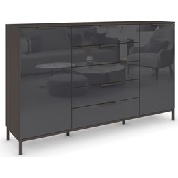Schubkastenkommode Rauch "Kommode T&uuml;rkommode Sideboard Kombikommode FLIPP mit Glasfront", grau (graphit, glas basalt), B:180cm H:111cm T:42cm, Holzwerkstoff, Sideboards, Schubkastenkommode, 2-trg mit 5 Schubladen und Soft-Close-Funktion, Glasfront, 2 Breiten