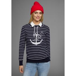 Sweatshirt Kangaroos, Damen, Gr. 48/50, blau (marine, wei&szlig;), Interlock, Obermaterial: 100% Baumwolle, bedruckt, geringelt, gestreift, kontrastfarbene Details, figurbetont h&uuml;ftbedeckend, Rippb&uuml;ndchen mit Daumenl&ouml;chern, Sweatshirts Sweatshirt, Langarm mit Daumenl&ouml;chern, figurbetont, Stehkragen mit Kordelzug