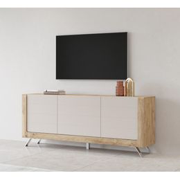 Sideboard Home Affaire "Kasai", beige (eiche harbor gold, kashmir), B:199cm H:81cm T:44cm, FSC-zertifizierter Holzwerkstoff, MDF, Melamin, Metall, Sideboards, Sideboard, Breite 199 cm, mit 3 T&uuml;ren